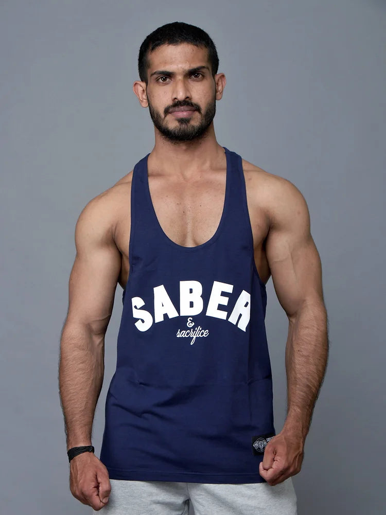 D003. Old School Body Building Stringer - Navy Blue – Saber And Sacrifice